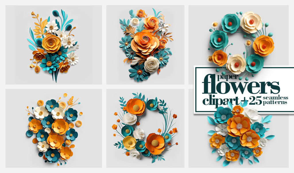 6+ Stunning Paper Flowers Clipart & 25 Seamless Patterns